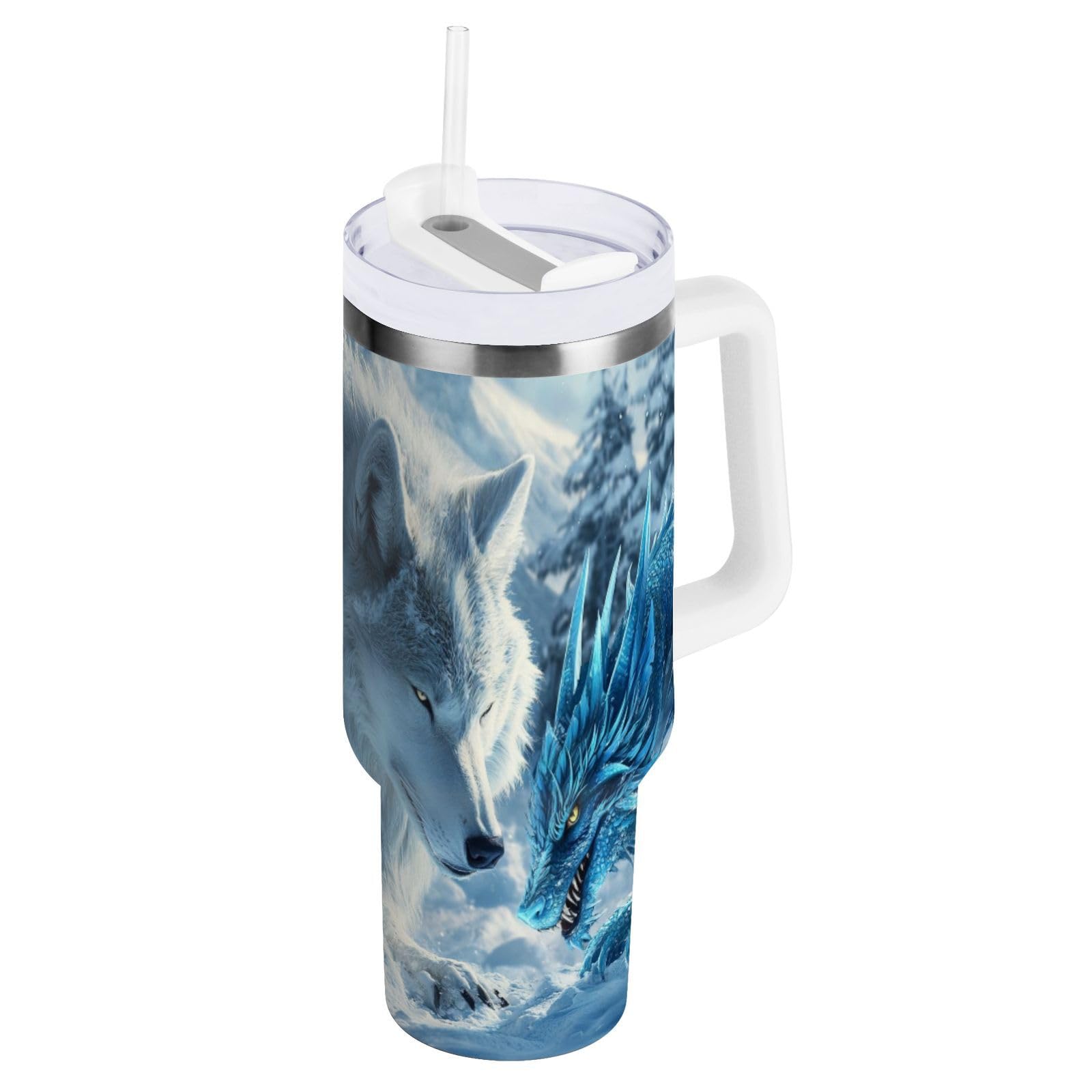 ODAWA Wolf Dragon White Tumbler Cup Reusable Tumbler with Straw Ice Coffee Cups