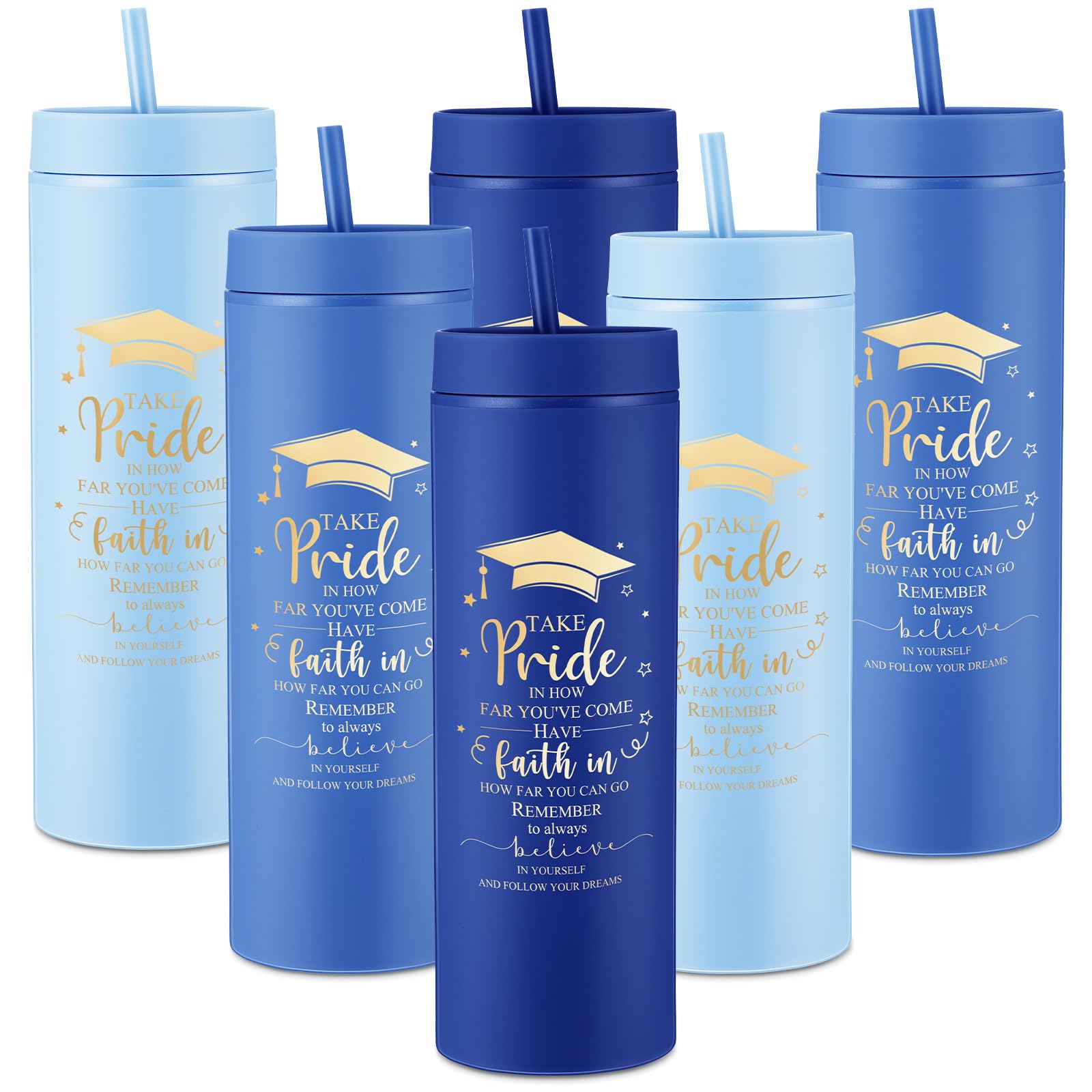 Blushtier 6 Pcs Class of 2025 Graduation Gifts Bulk 16oz Matte Graduation Cups 2025 Inspirational Tumbler with Lid and Straw Plastic Drinking Tumbler for Teen High School Grad Party Favors (Blue)