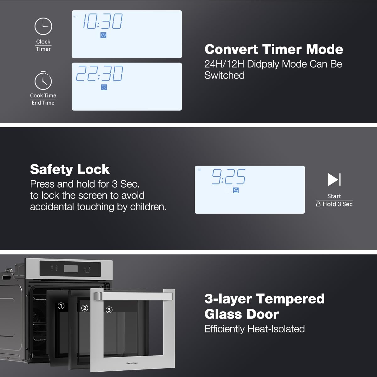 ThermoMate 24 Inch Built-in Microwave Drawer with Automatic Presets + 24" Electric Wall Oven with 12 Functions, 3100W Convection Ovens