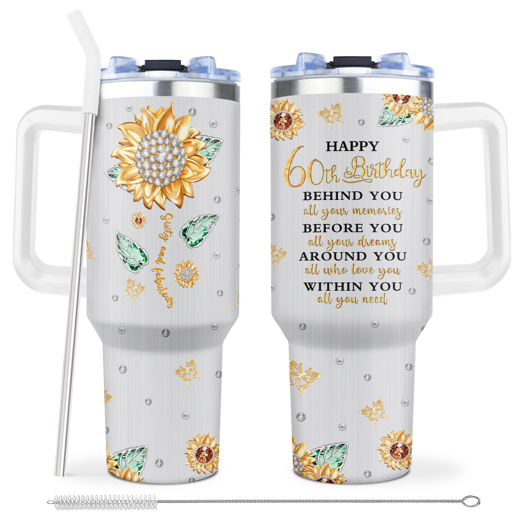 Biomlon 60th Birthday Gifts for Women Tumbler 40oz, Happy 60th Birthday Decorations, 60 Year Old Gifts for Women/Her/Mom/Grandma