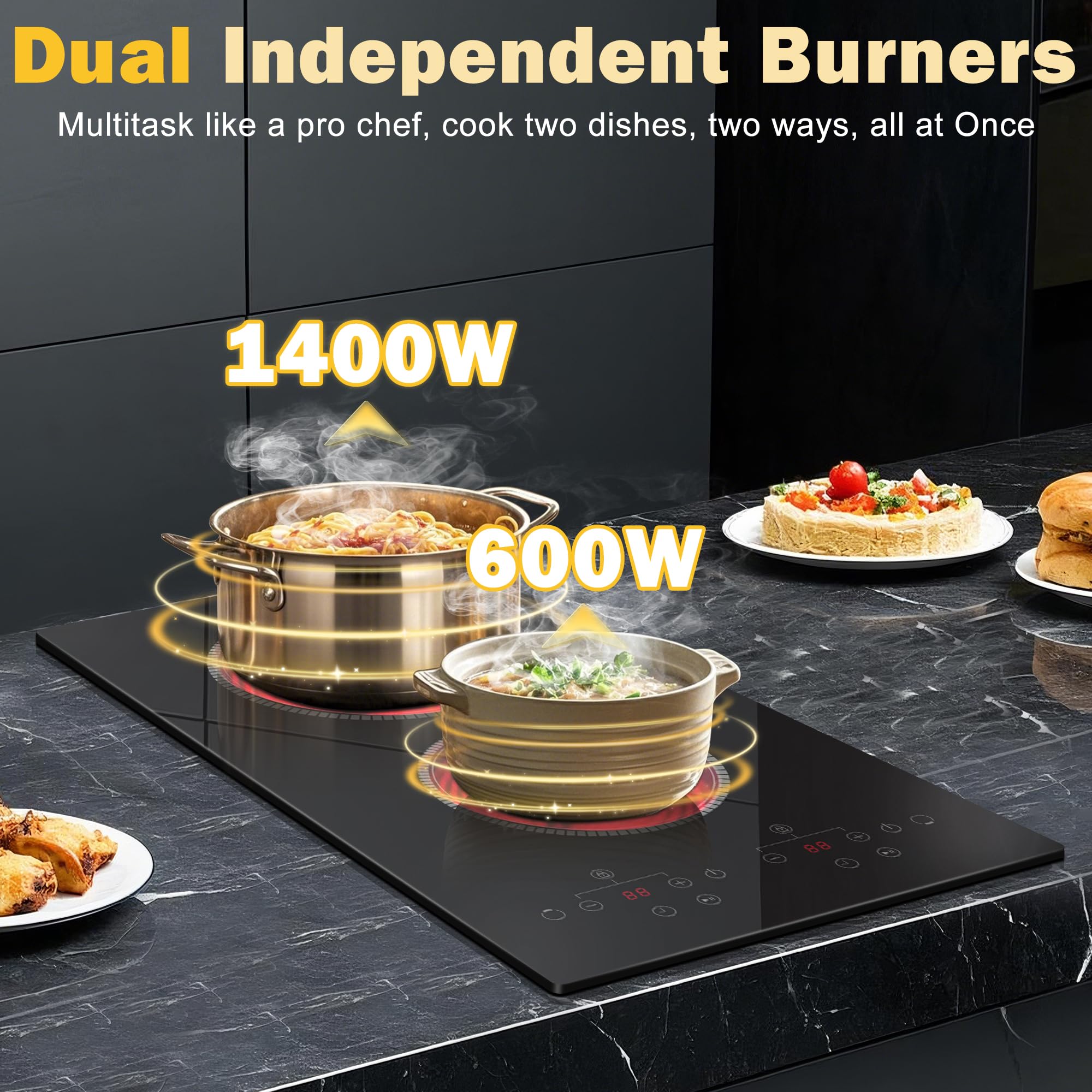 2 Burner Electric Cooktop, 12 Inch Electric Stove 120V 2000W Plug-in Stove Top with Timer, 9 Level Adjustment, Pause Control & Child Lock, Countertop & Built-in, Sensor Touch, Pladeca