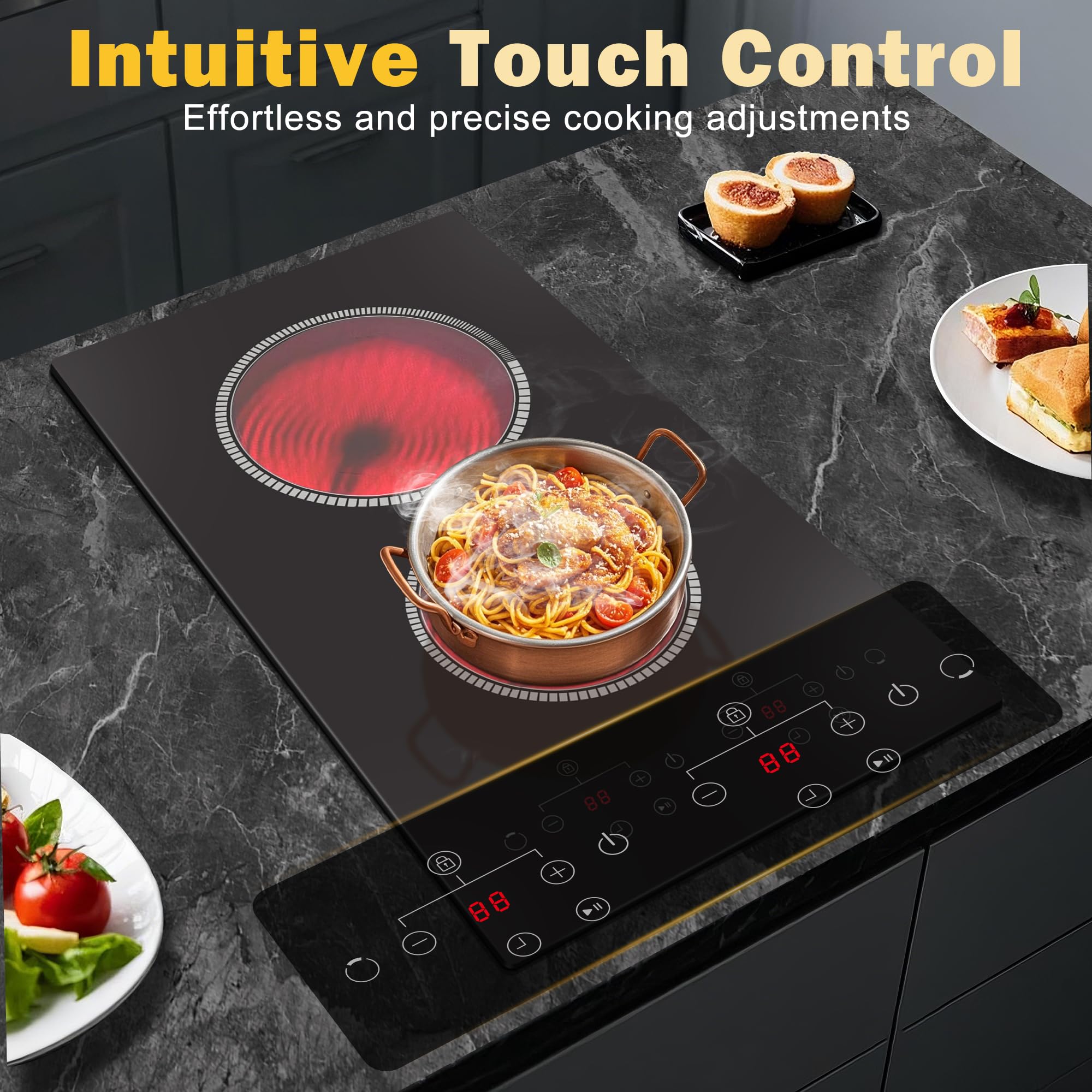 2 Burner Electric Cooktop, 12 Inch Electric Stove 120V 2000W Plug-in Stove Top with Timer, 9 Level Adjustment, Pause Control & Child Lock, Countertop & Built-in, Sensor Touch, Pladeca