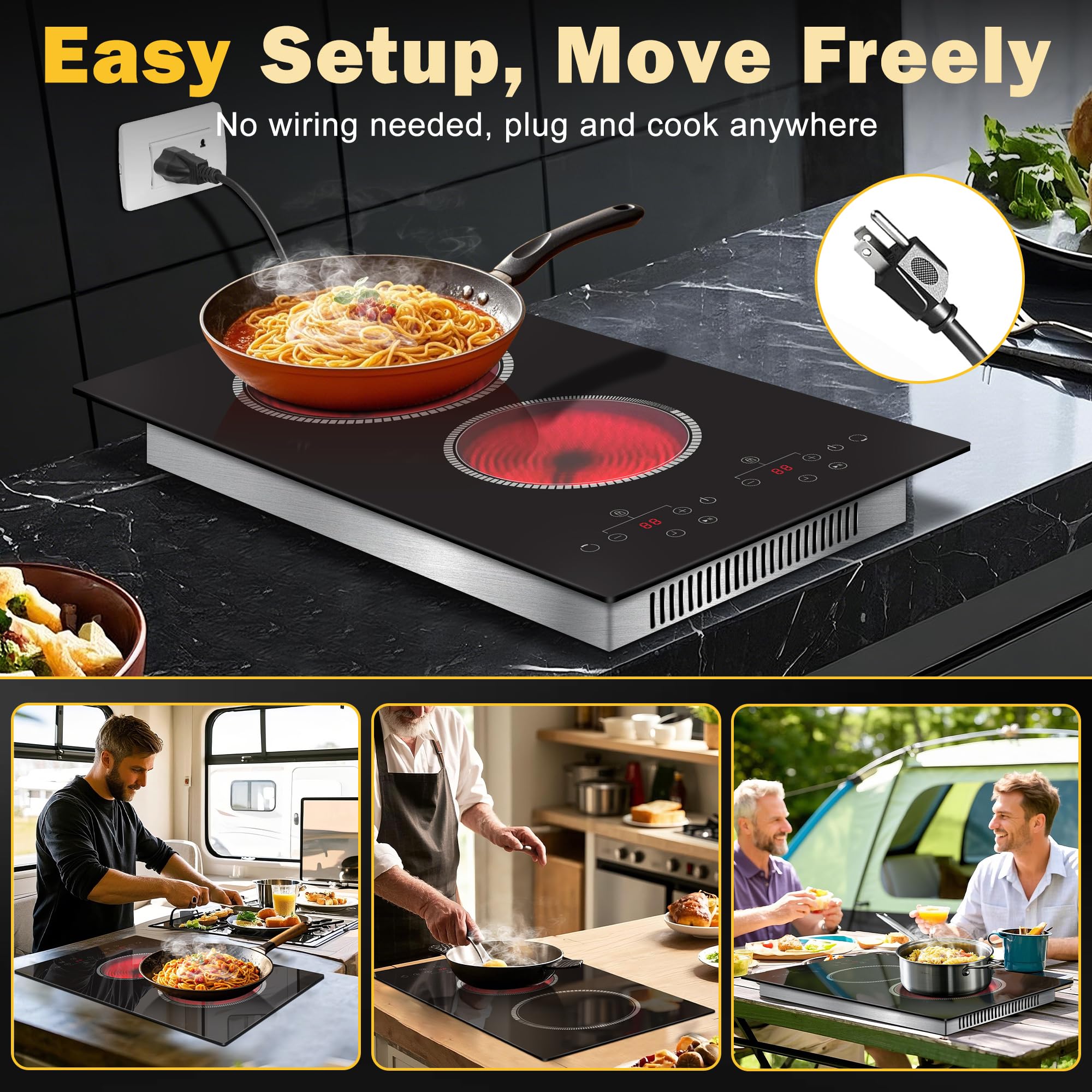2 Burner Electric Cooktop, 12 Inch Electric Stove 120V 2000W Plug-in Stove Top with Timer, 9 Level Adjustment, Pause Control & Child Lock, Countertop & Built-in, Sensor Touch, Pladeca