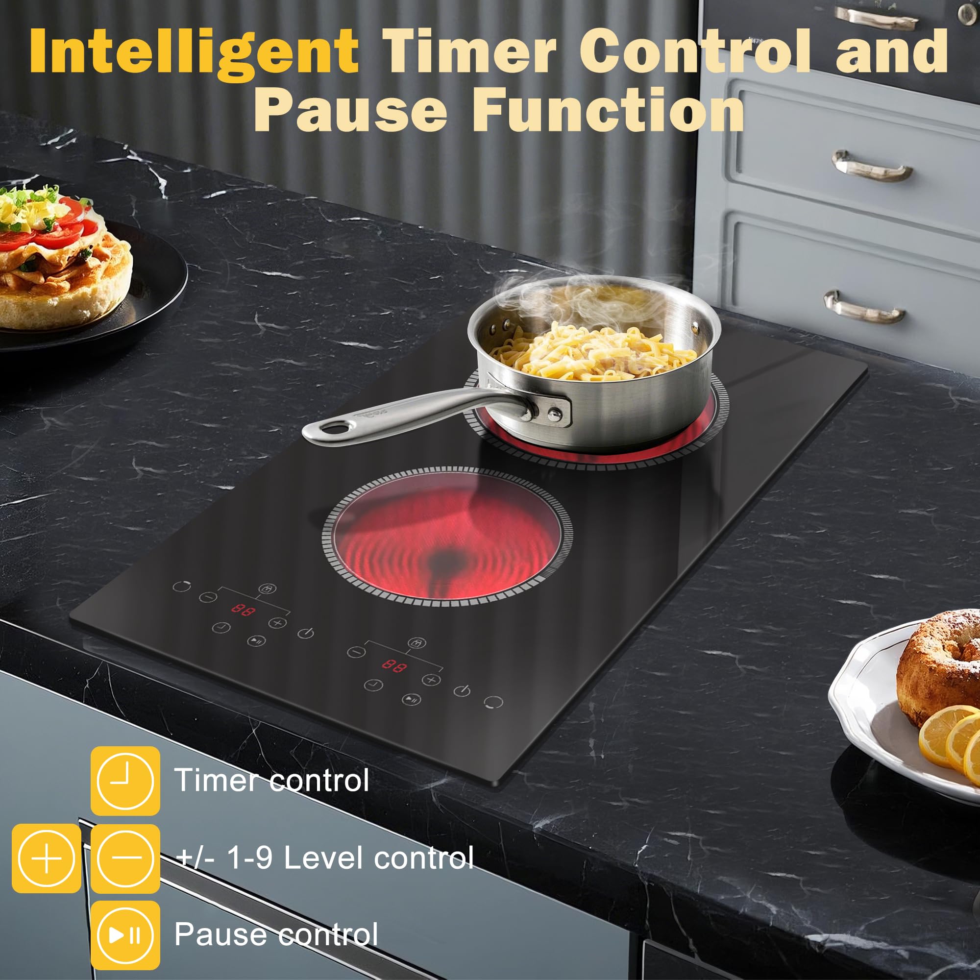 2 Burner Electric Cooktop, 12 Inch Electric Stove 120V 2000W Plug-in Stove Top with Timer, 9 Level Adjustment, Pause Control & Child Lock, Countertop & Built-in, Sensor Touch, Pladeca