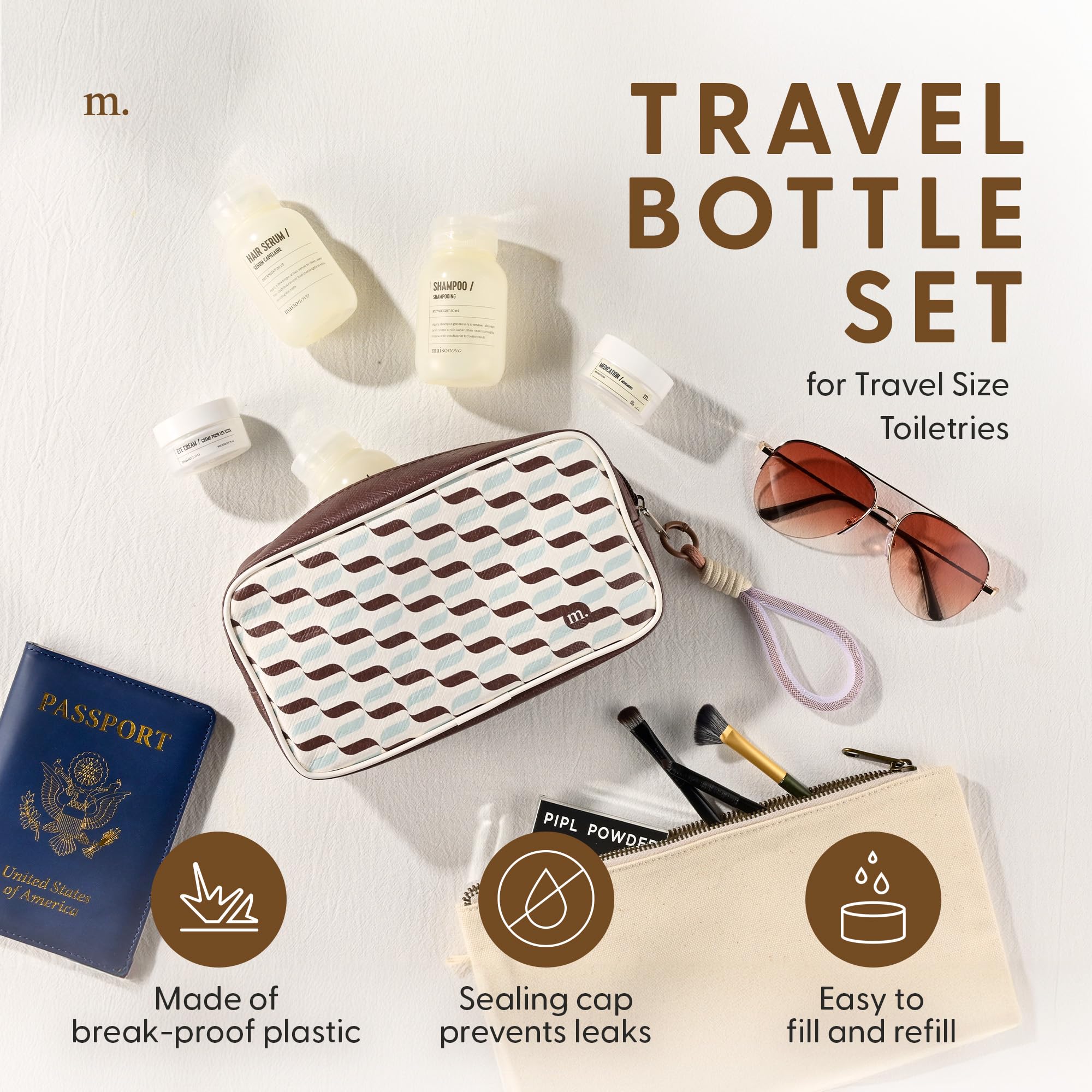 MAISONOVO Travel Bottles for Toiletries, TSA Approved, Leak Proof Refillable, Travel Size Containers and Bottles with Water Proof Toiletry Bag - Brown Pouch
