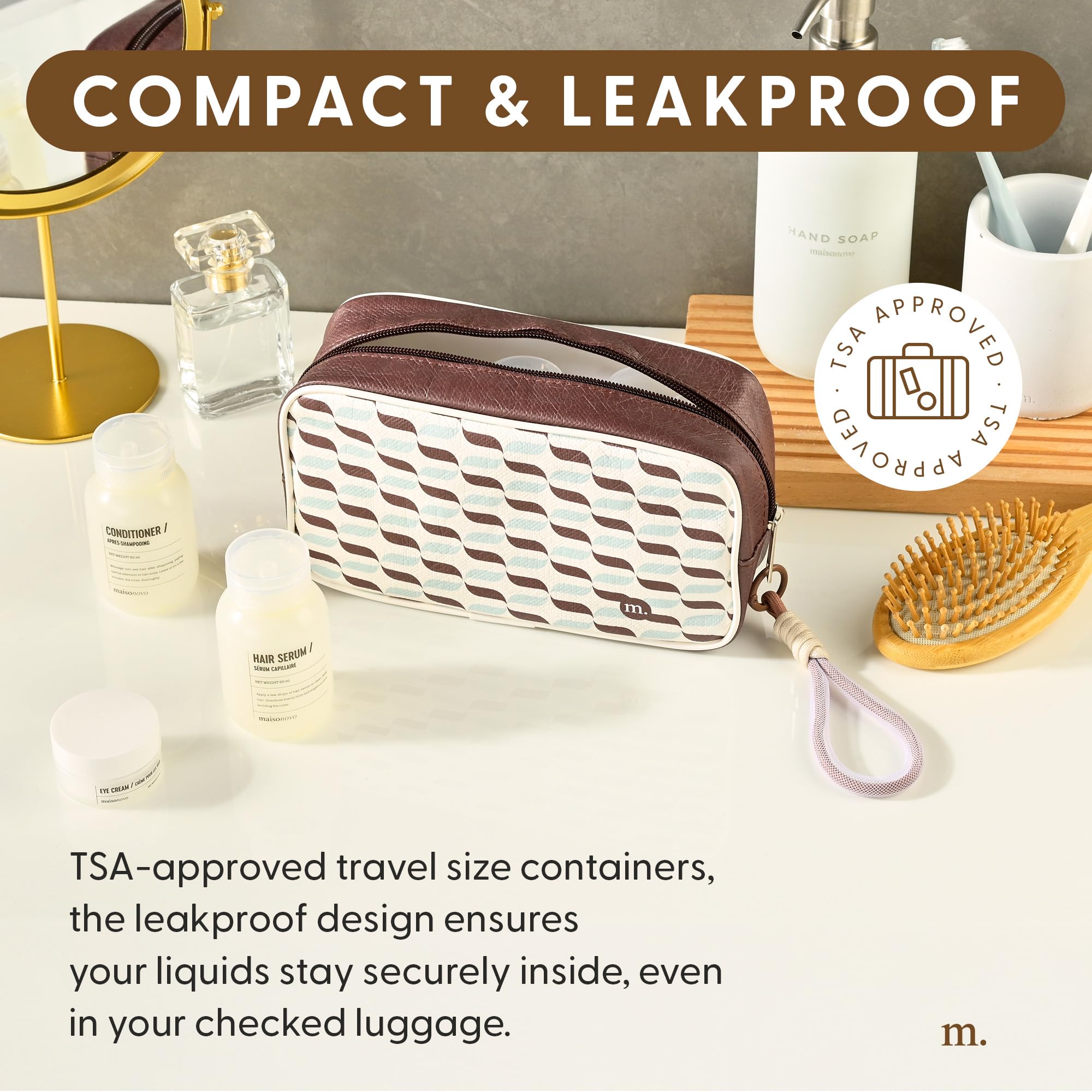 MAISONOVO Travel Bottles for Toiletries, TSA Approved, Leak Proof Refillable, Travel Size Containers and Bottles with Water Proof Toiletry Bag - Brown Pouch