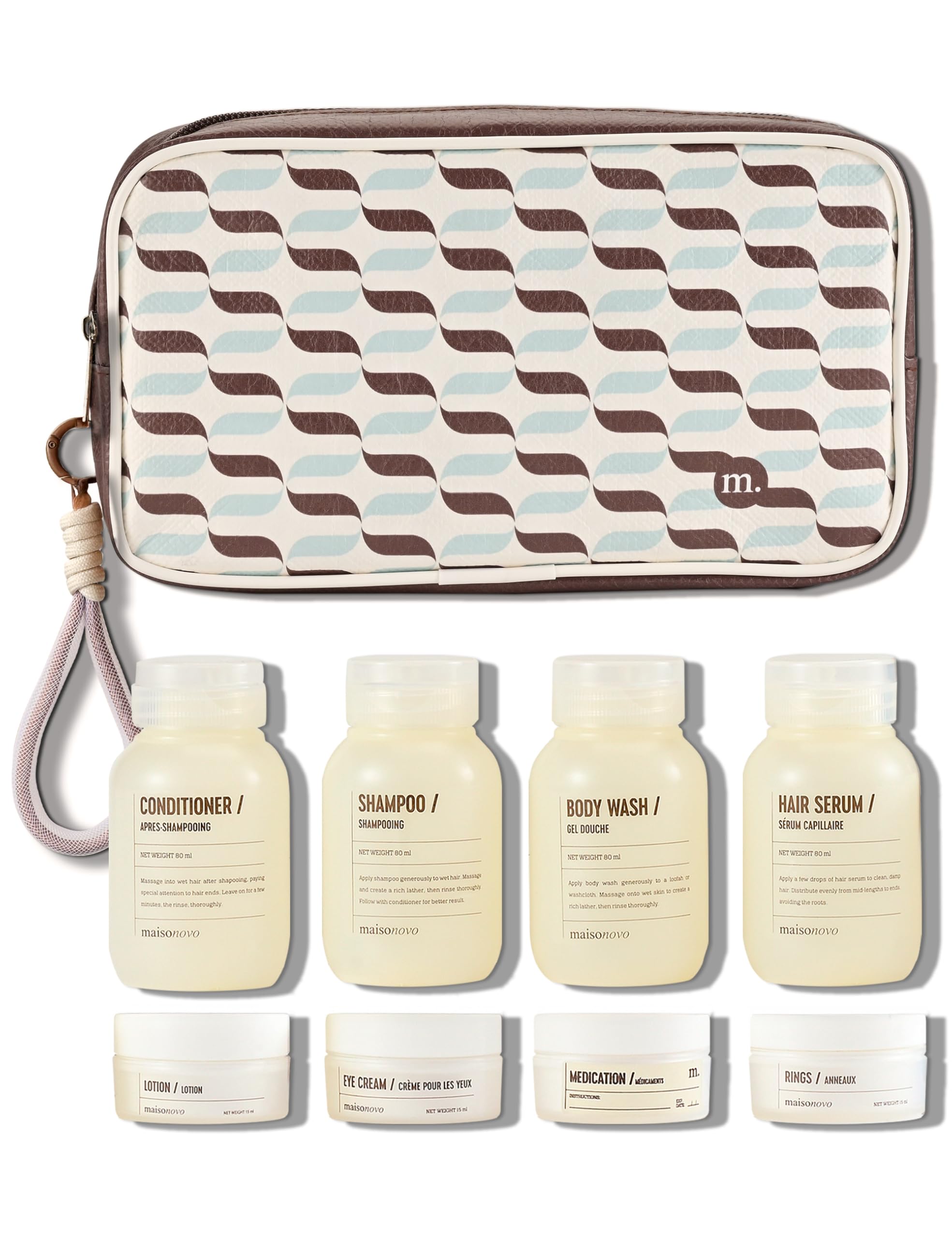 MAISONOVO Travel Bottles for Toiletries, TSA Approved, Leak Proof Refillable, Travel Size Containers and Bottles with Water Proof Toiletry Bag - Brown Pouch
