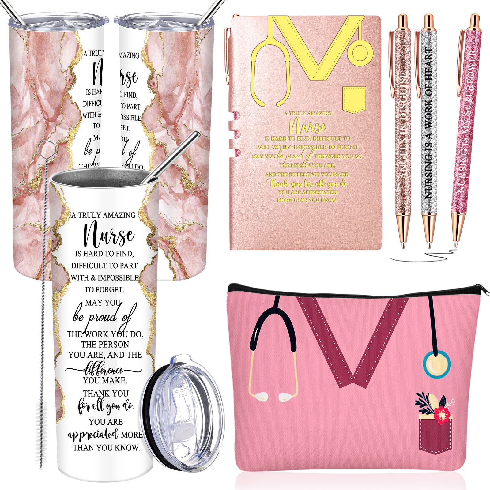 Domensi 6 Pcs Nurse Week Appreciation Gifts for Women Medical Nursing Assistant 20 oz Marble Sign Tumbler Makeup Bag Notepad with Ballpoint Pen for Graduation Nursing Student(Pink)