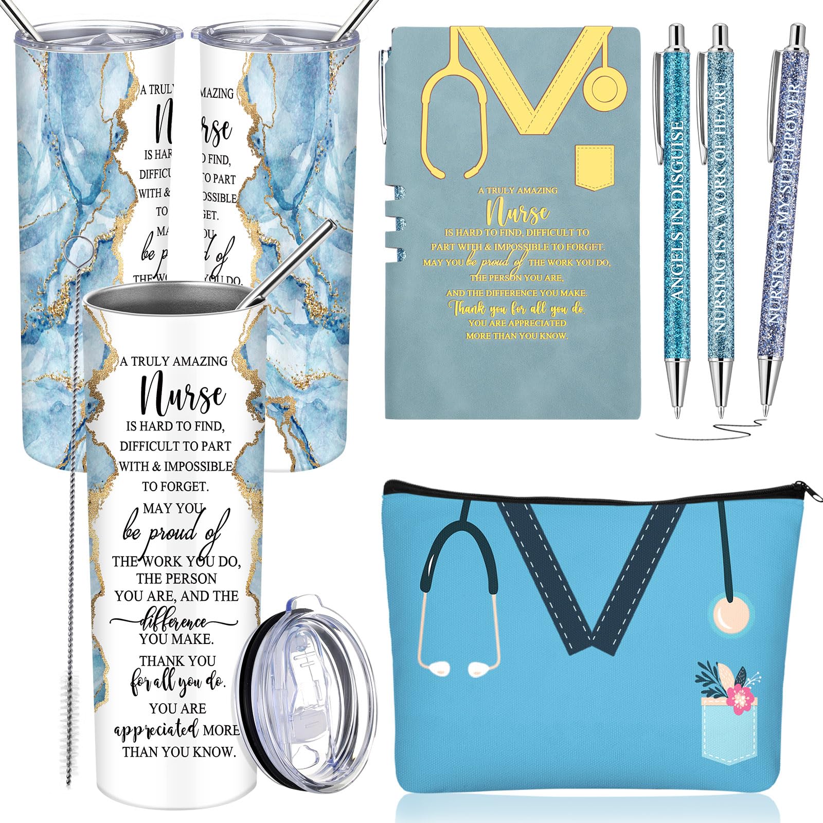 Domensi 6 Pcs Nurse Week Appreciation Gifts for Women Medical Nursing Assistant 20 oz Marble Sign Tumbler Makeup Bag Notepad with Ballpoint Pen for Graduation Nursing Student(Blue)