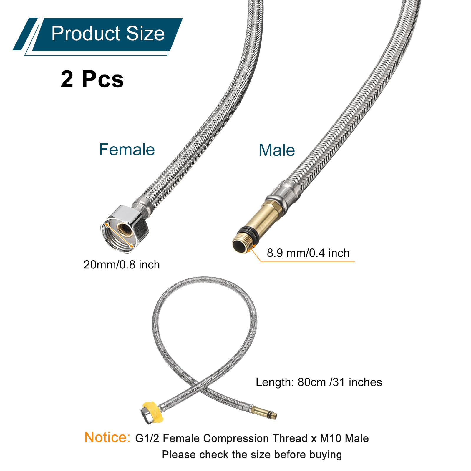 uxcell 2Pcs 31" Faucet Supply Lines Connector Stainless Steel Braided Long Faucet Connector G1/2 Female Compression Thread x M10 Male Connector for Kitchen Sink Bathroom (Silver)