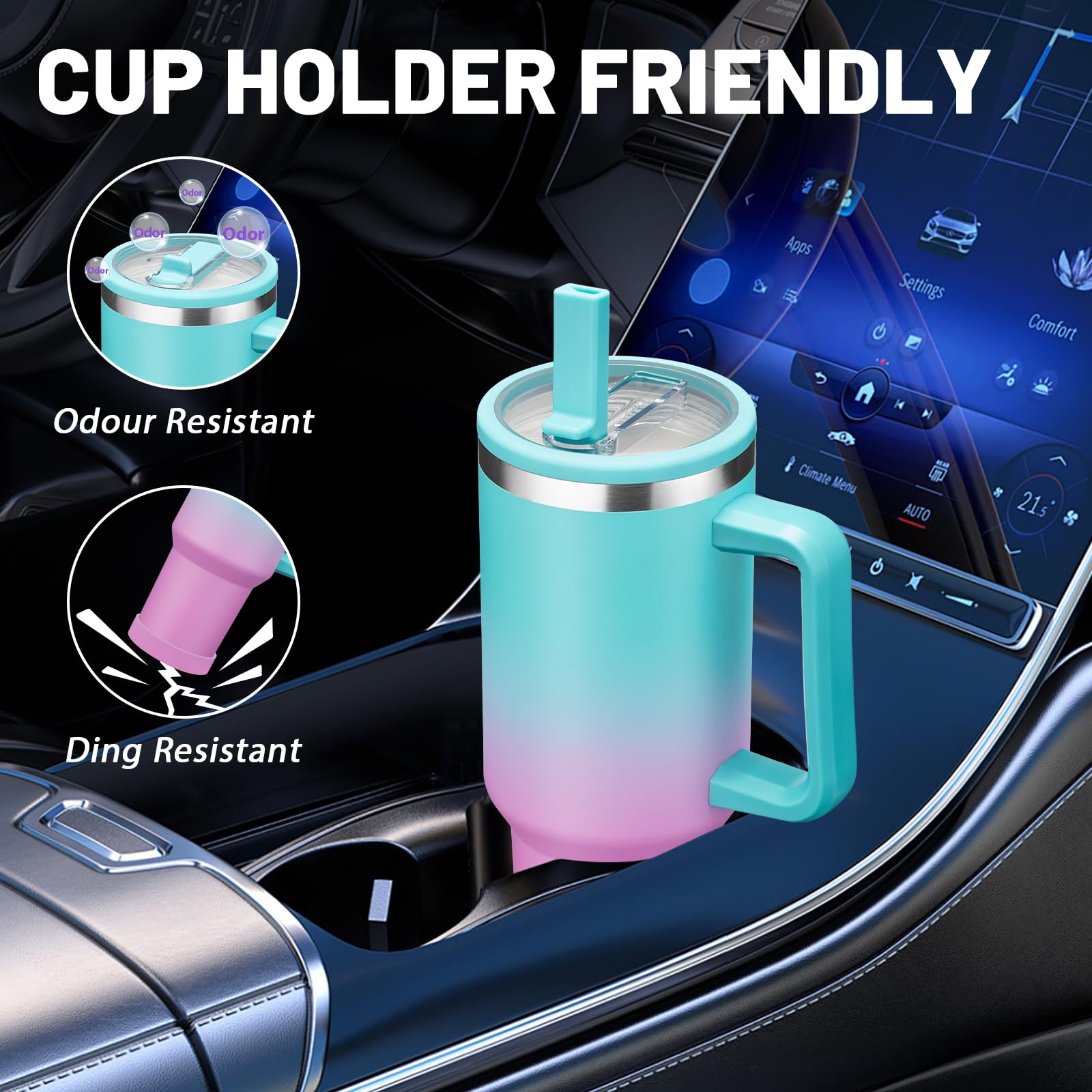 ICIOI 40oz Tumbler with Handle and Flip Straw, Travel Water Cup with Leakproof Lid for Keep Cold 34hrs & Hot 10Hras, Reusable Stainless Steel Water Bottle Fits in Cup Holder