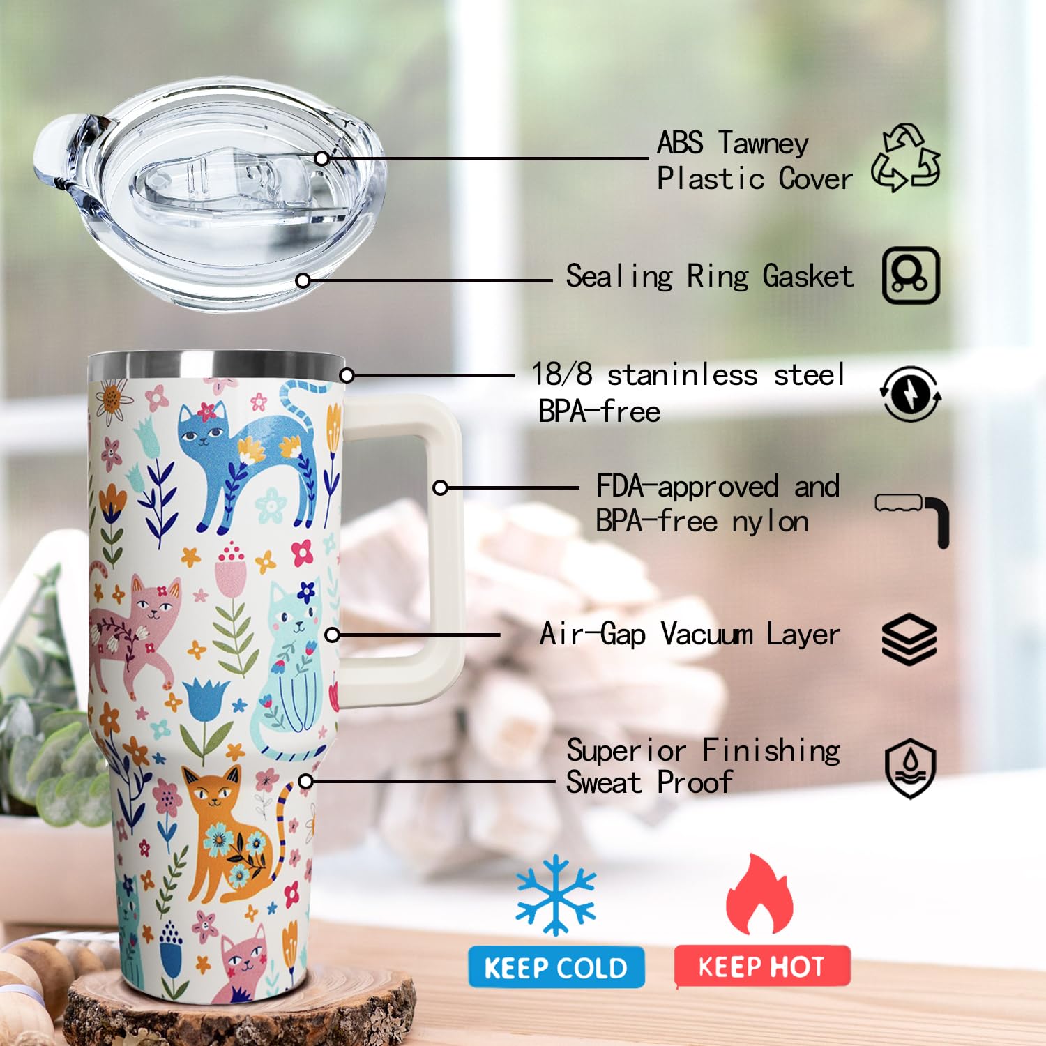 wmvhdiw 30 Oz Tumbler With Handle,Coffee Travel Mug Cup Water Bottle,Cat Decor,Cat Gifts for Women
