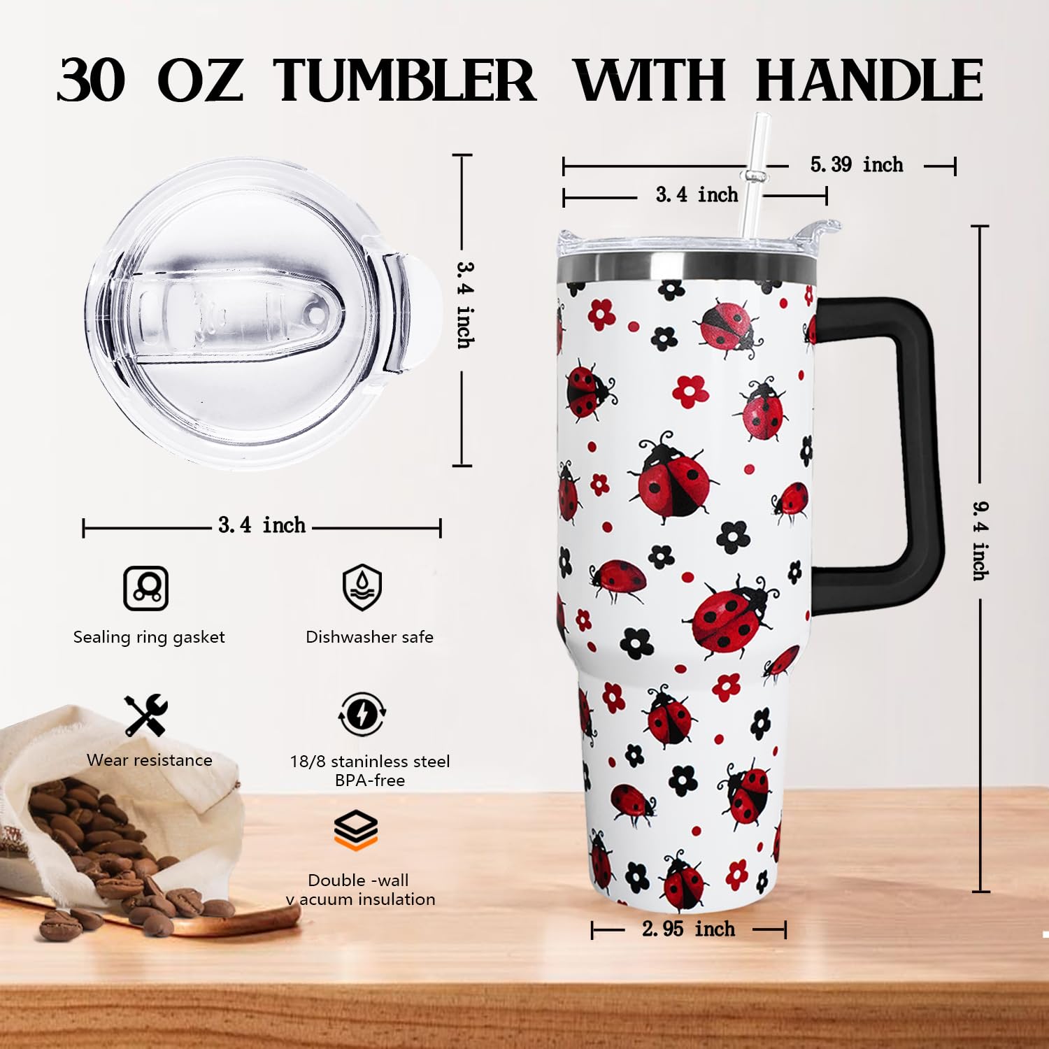 wmvhdiw 30 Oz Ladybug Tumbler With Handle,Ladybug Coffee Travel Mug Cup Water Bottle,Ladybug Decor,Ladybug Gifts for Women