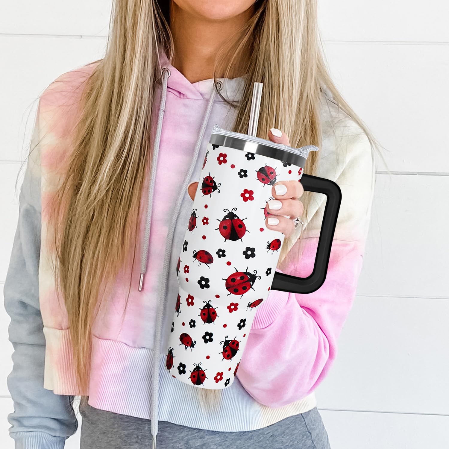 wmvhdiw 30 Oz Ladybug Tumbler With Handle,Ladybug Coffee Travel Mug Cup Water Bottle,Ladybug Decor,Ladybug Gifts for Women