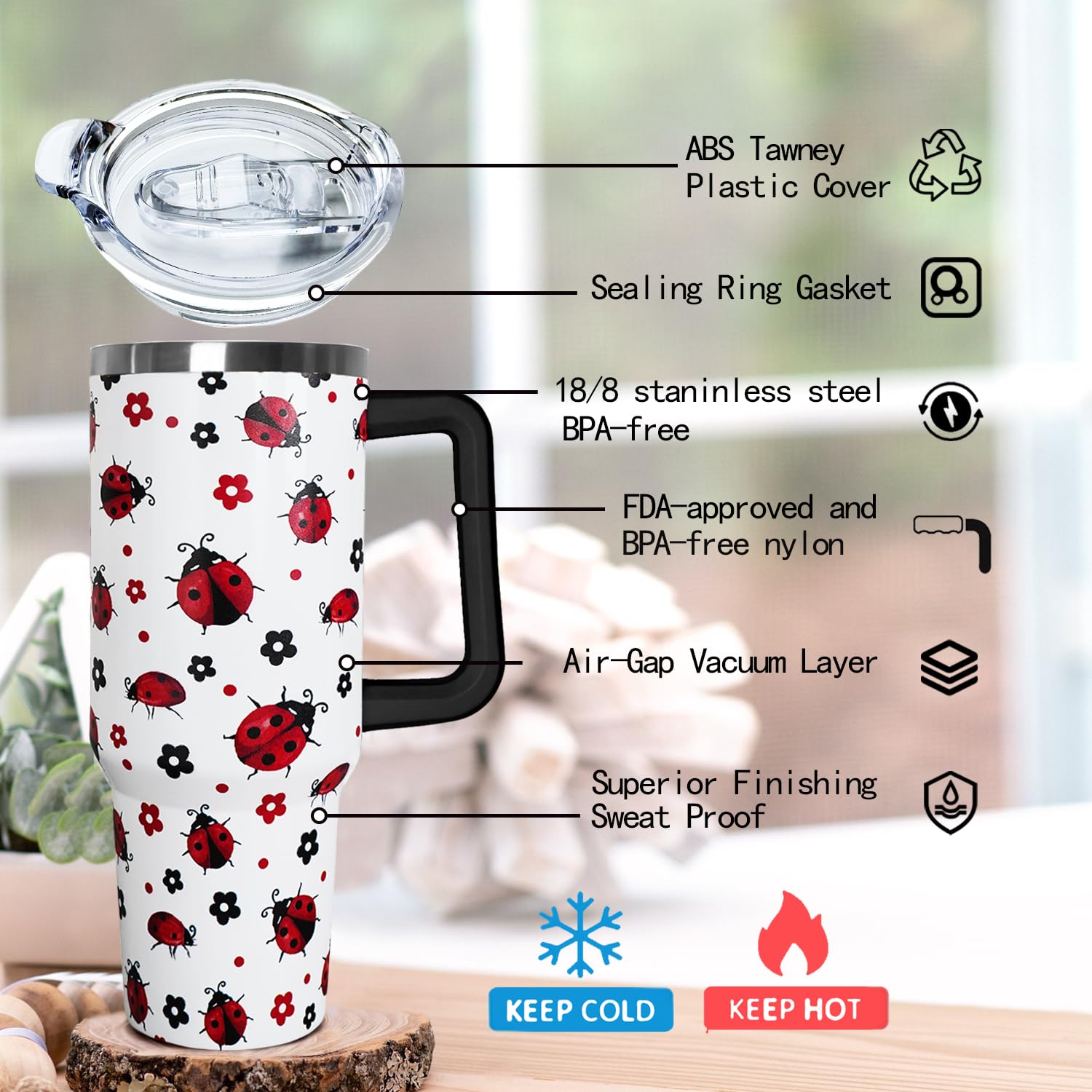 wmvhdiw 30 Oz Ladybug Tumbler With Handle,Ladybug Coffee Travel Mug Cup Water Bottle,Ladybug Decor,Ladybug Gifts for Women