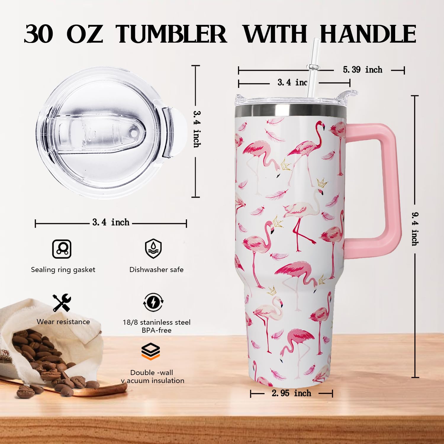 30 oz Pink Tumbler with Handle lid and Straw, CoffeeTravel Mug Cup Water Bottle,Flamingo Decor,Flamingo Gifts for Women