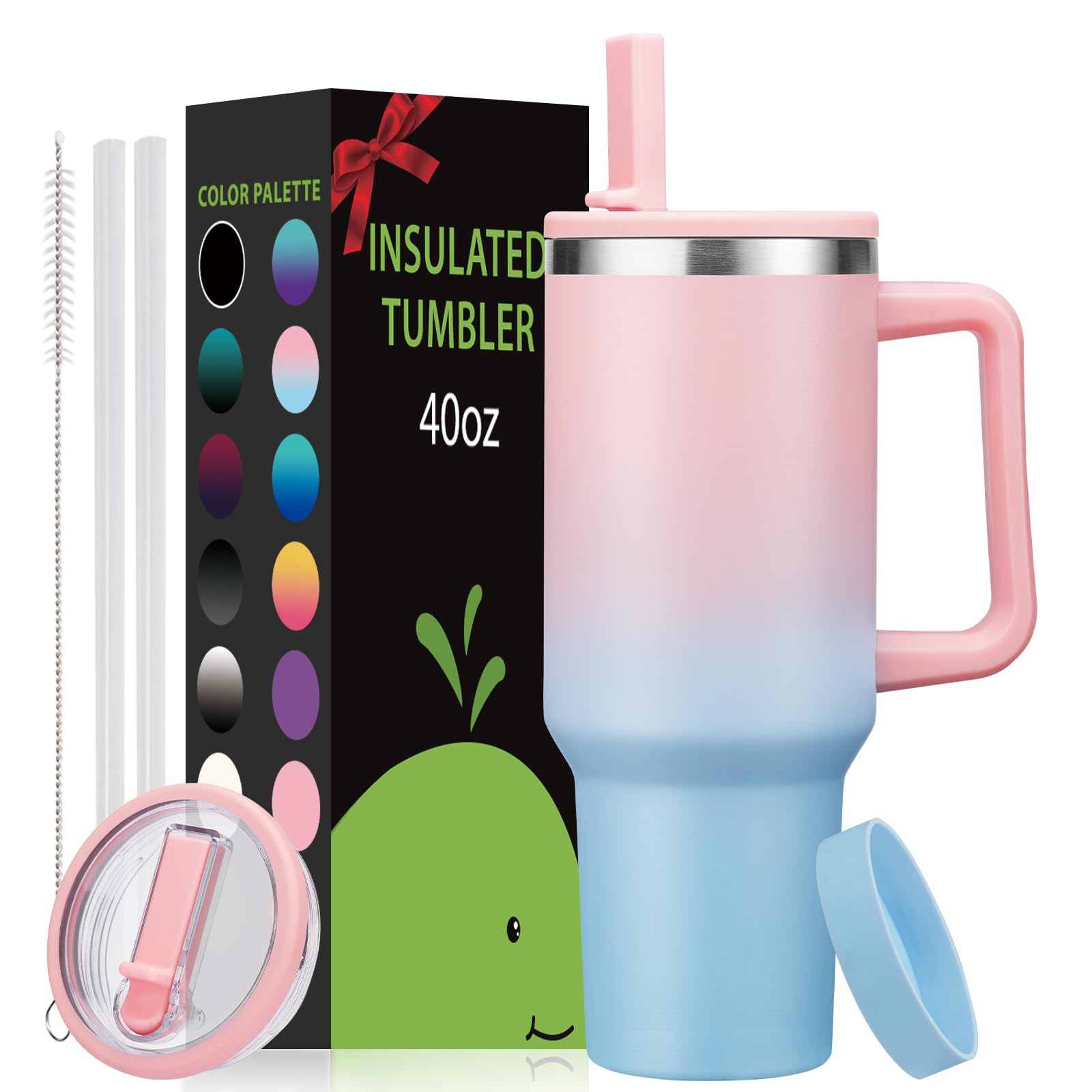 BENZZO 40 oz Tumbler with Handle and Straw - 100% Leak Proof Stainless Steel Travel Cups Insulated for Hot and Cold, Pink Blue Hydro Mug Insulated Tumbler Water Cup for Women Birthday Gifts