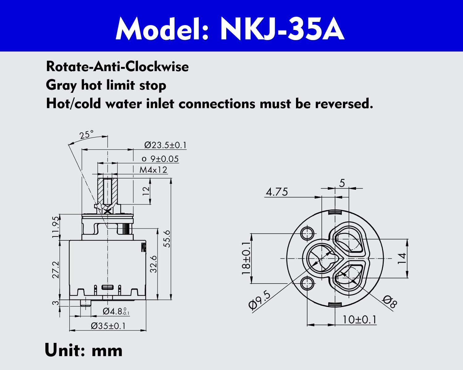 Kerox NKJ35 Single Lever Faucet Cartridge (1 Pack), 35mm Replacement Ceramic Mixing Energy-Saving Cartridge, Right Rotation, Repair Kit for Kerox Single Lever Faucet -Blue