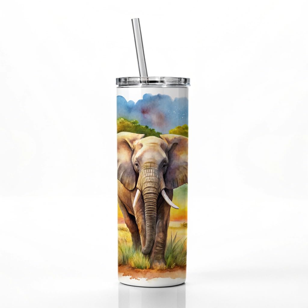 Elephant African Plain Watercolor Design Skinny Tumbler 20oz with Straw Insulated Water Bottle Gift