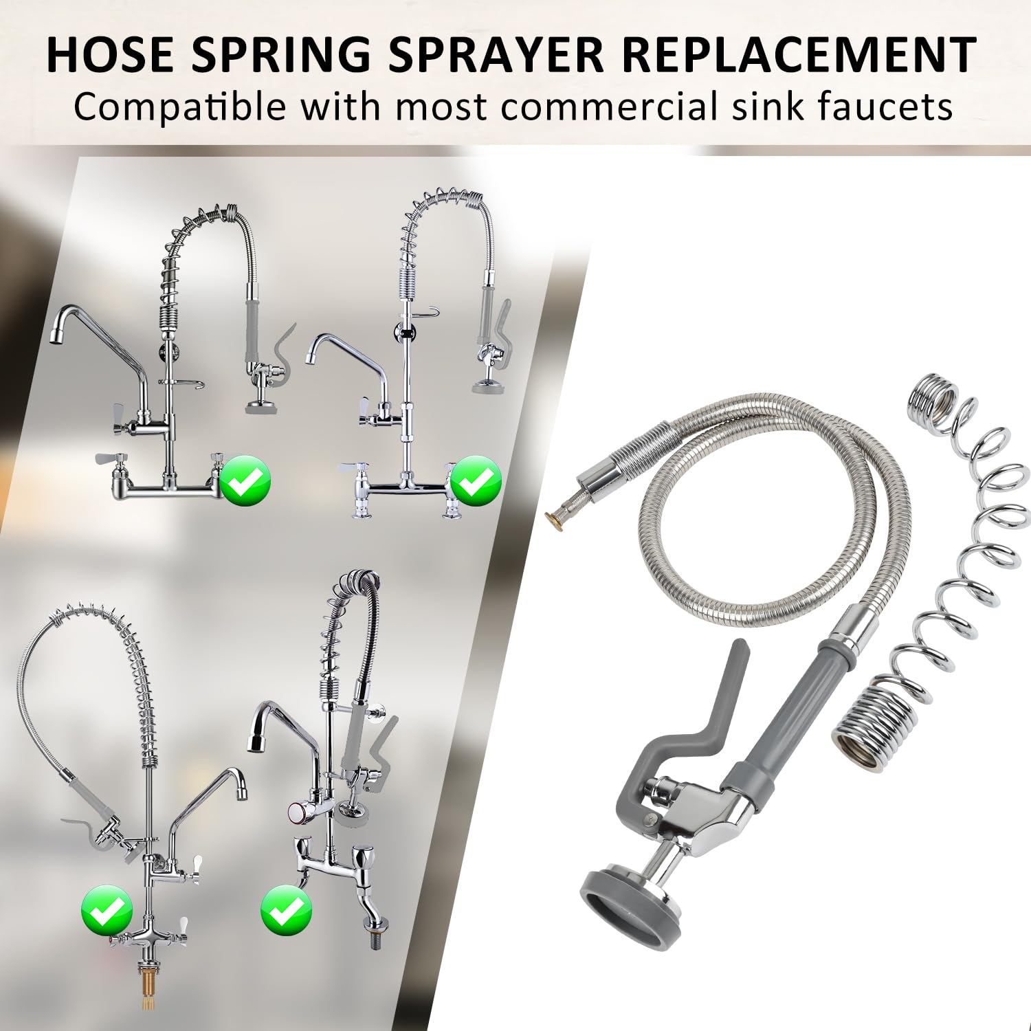 TCEUMIK Spray Valve with 44inch Flexible Hose & Pre Rinse Spring for Commercial Restaurant Sink Faucet 1.42GPM High-Pressure Dish Sprayer Stainless Steel Hose & Overhead Spring (Gray)