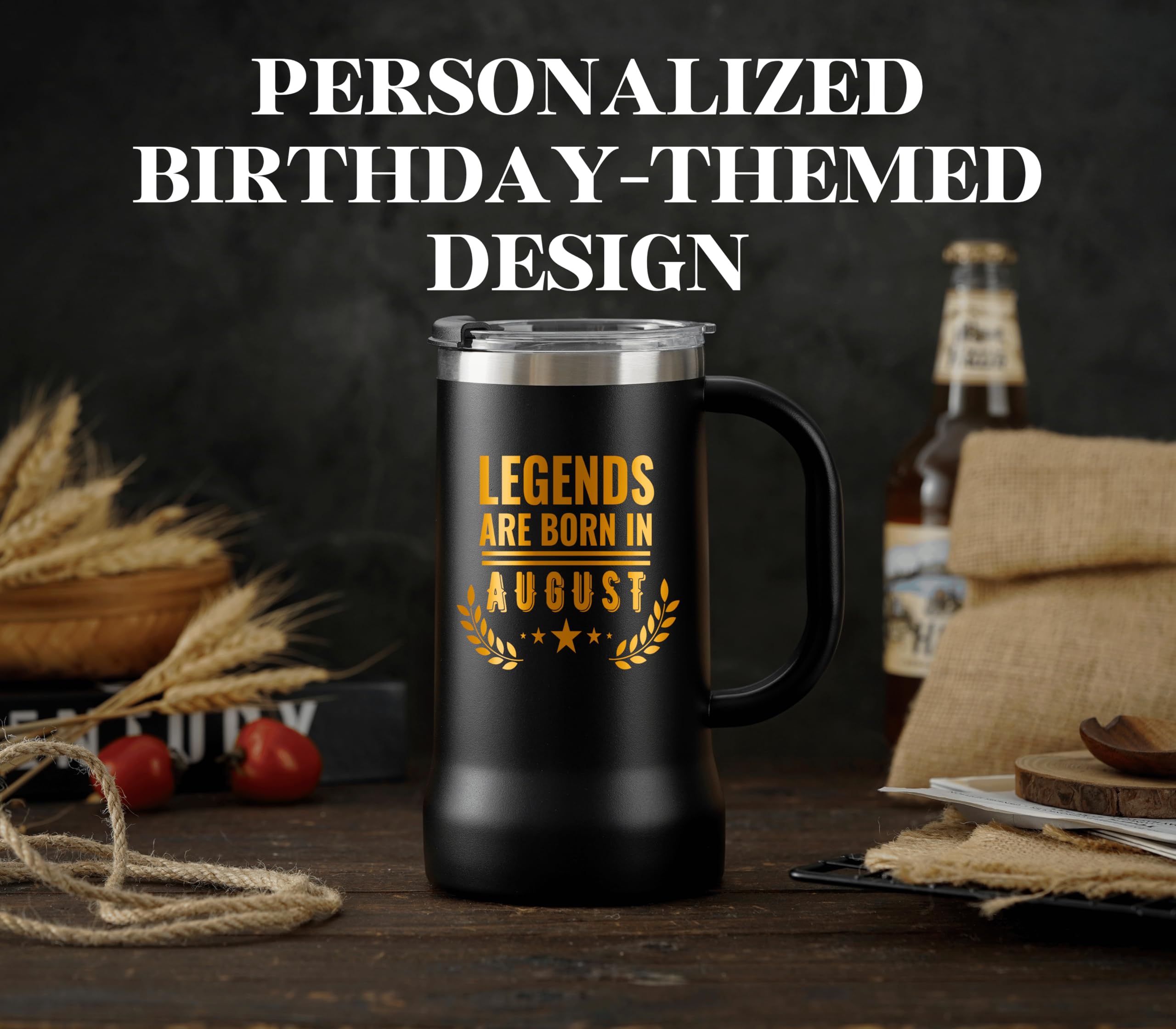 Onebttl Funny Birthday Gifts for Men, Him, 24 oz Travel Mug with Handle, Beer Stein for Men, Legends are Born in March