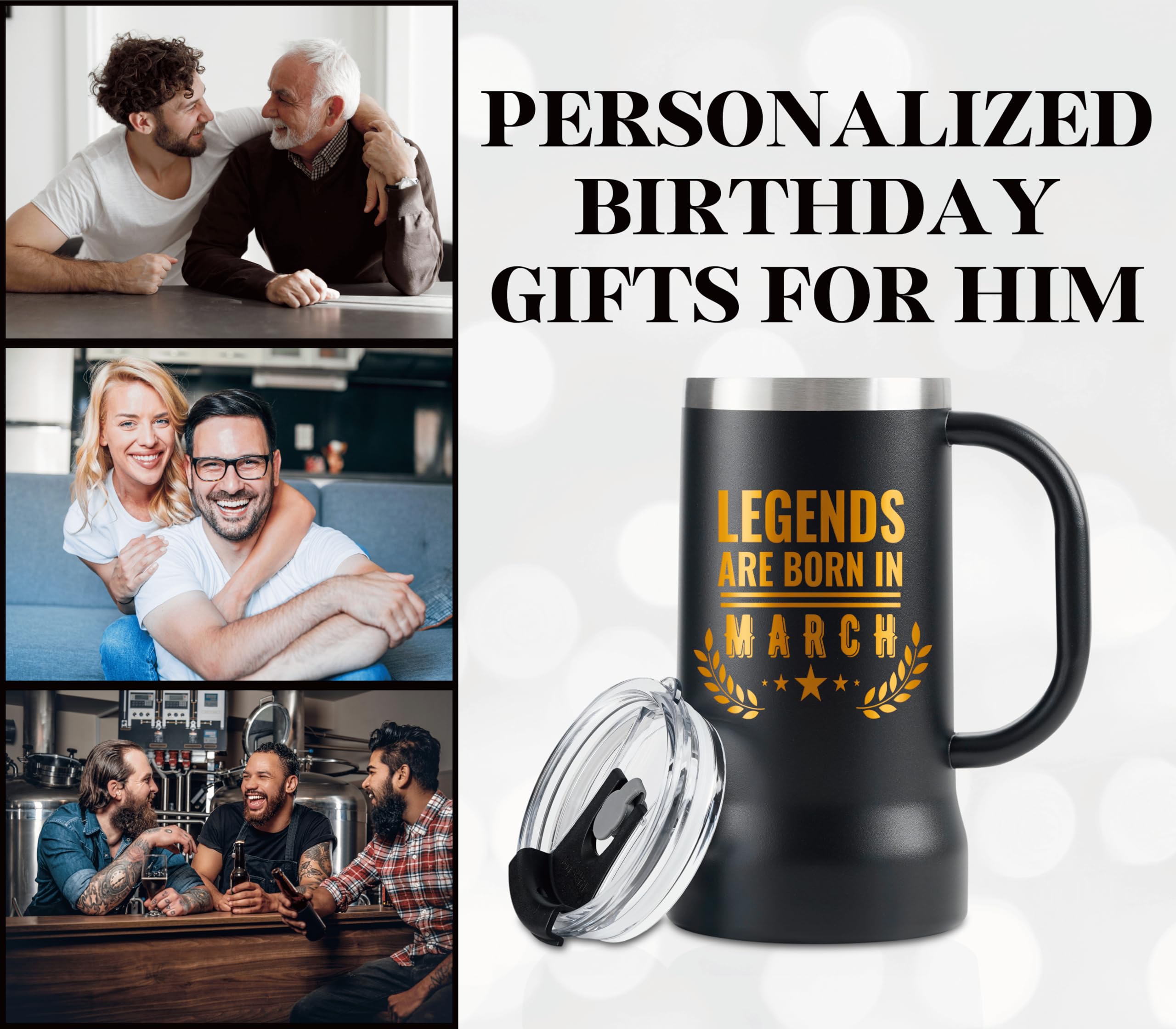 Onebttl Funny Birthday Gifts for Men, Him, 24 oz Travel Mug with Handle, Beer Stein for Men, Legends are Born in March