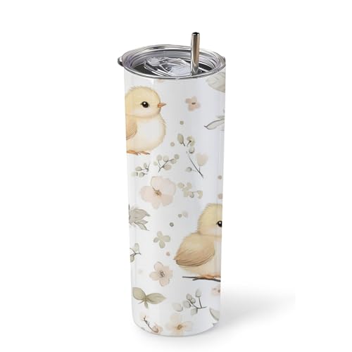 Tumbler with Lid and Straw Cartoon Bird and Flowers thermos coffee travel mugcute cups 20 oz insulated tumbler for Daily Holiday Decor Gift coffee cup