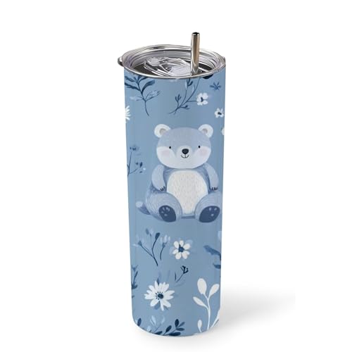 Tumbler with Lid and Straw Cartoon Bear Flowers and Plants thermos coffee travel mugcute cups 20 oz insulated tumbler for Daily Holiday Decor Gift coffee cup