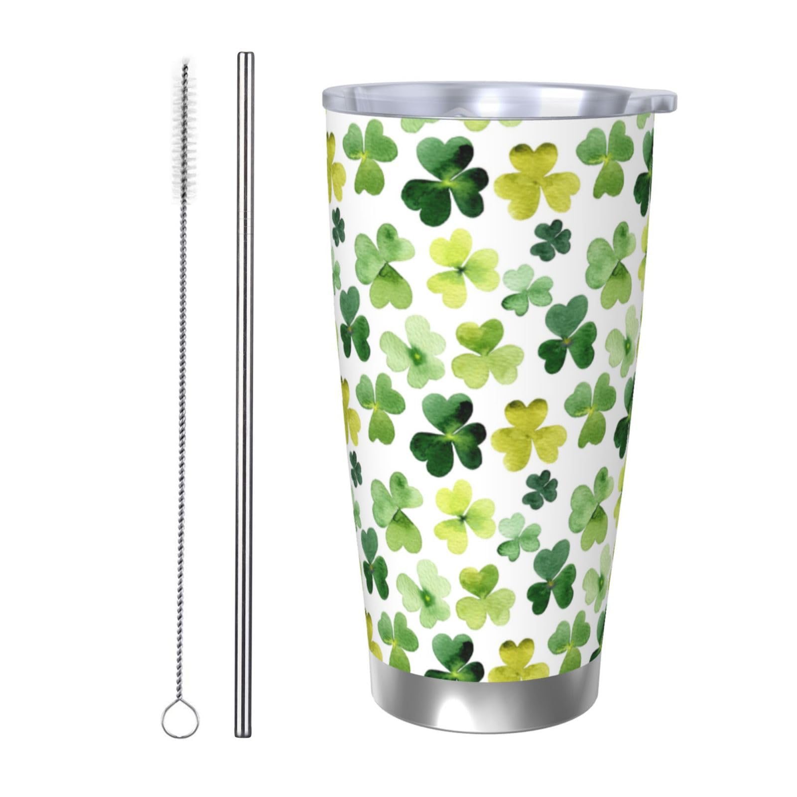 CHASOEA St Patricks Day Tumbler 20oz Watercolor Shamrock Stainless Steel Insulated Tumblers with Lid and Straw Irish Clover Travel Coffee Mug Wine Tea Cups Water Bottle Holiday Gifts for Women