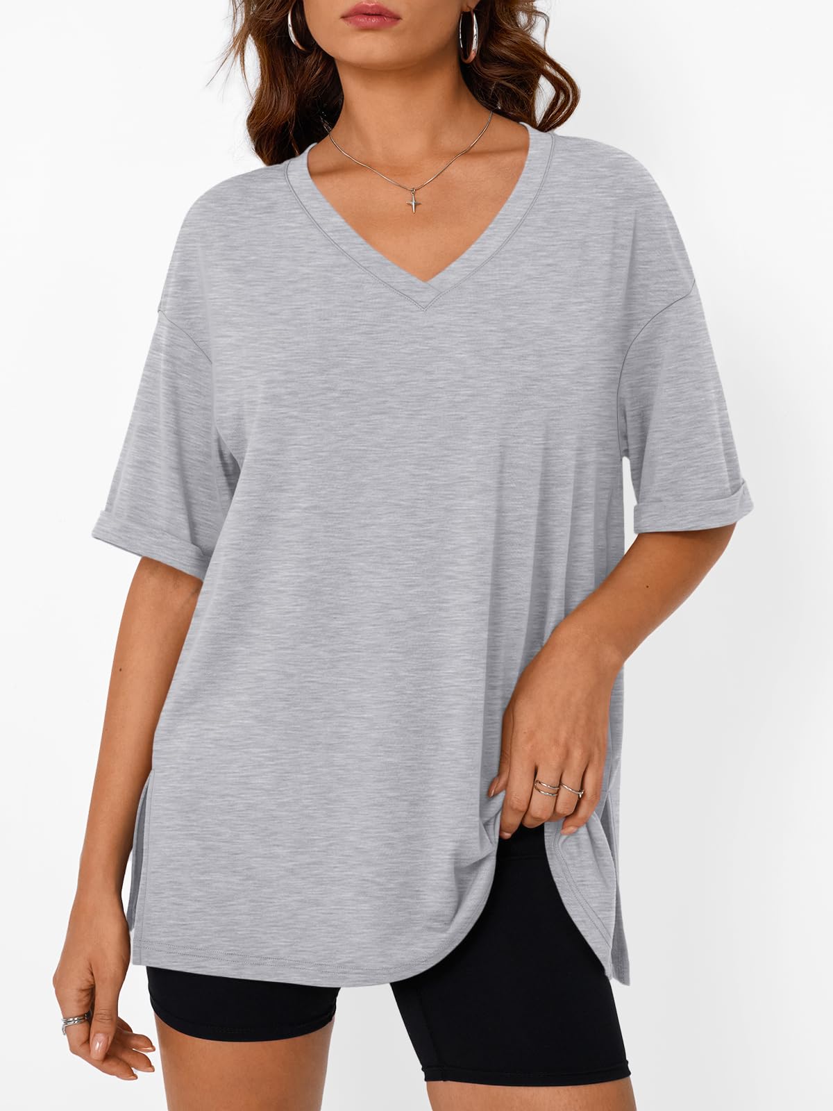Trendy Queen Oversized Tshirts for Women Workout Plus Size Tops V Neck Short Sleeve Tunic Side Slit Outing T Shirts 2025 Spring Summer Casual Clothes Loose Fit Basic Tees Beach Vacation Grey XXL
