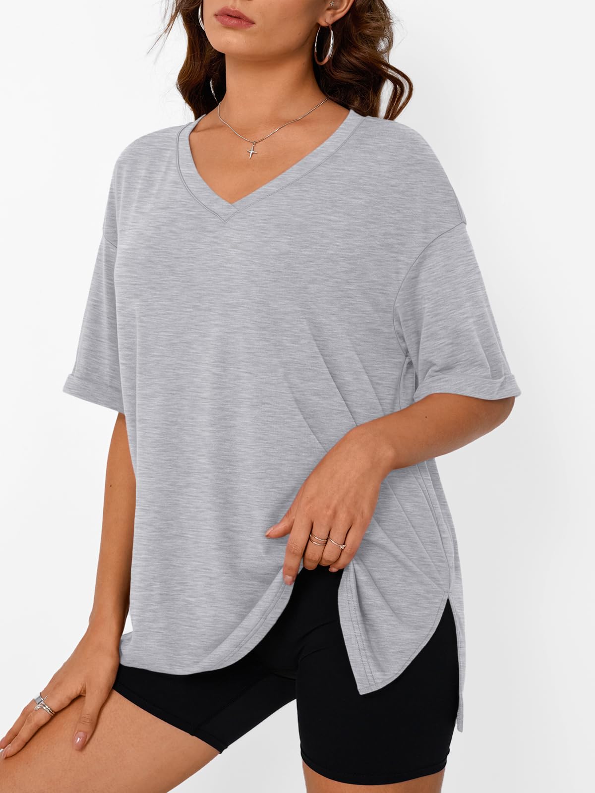 Trendy Queen Oversized Tshirts for Women Workout Plus Size Tops V Neck Short Sleeve Tunic Side Slit Outing T Shirts 2025 Spring Summer Casual Clothes Loose Fit Basic Tees Beach Vacation Grey XXL