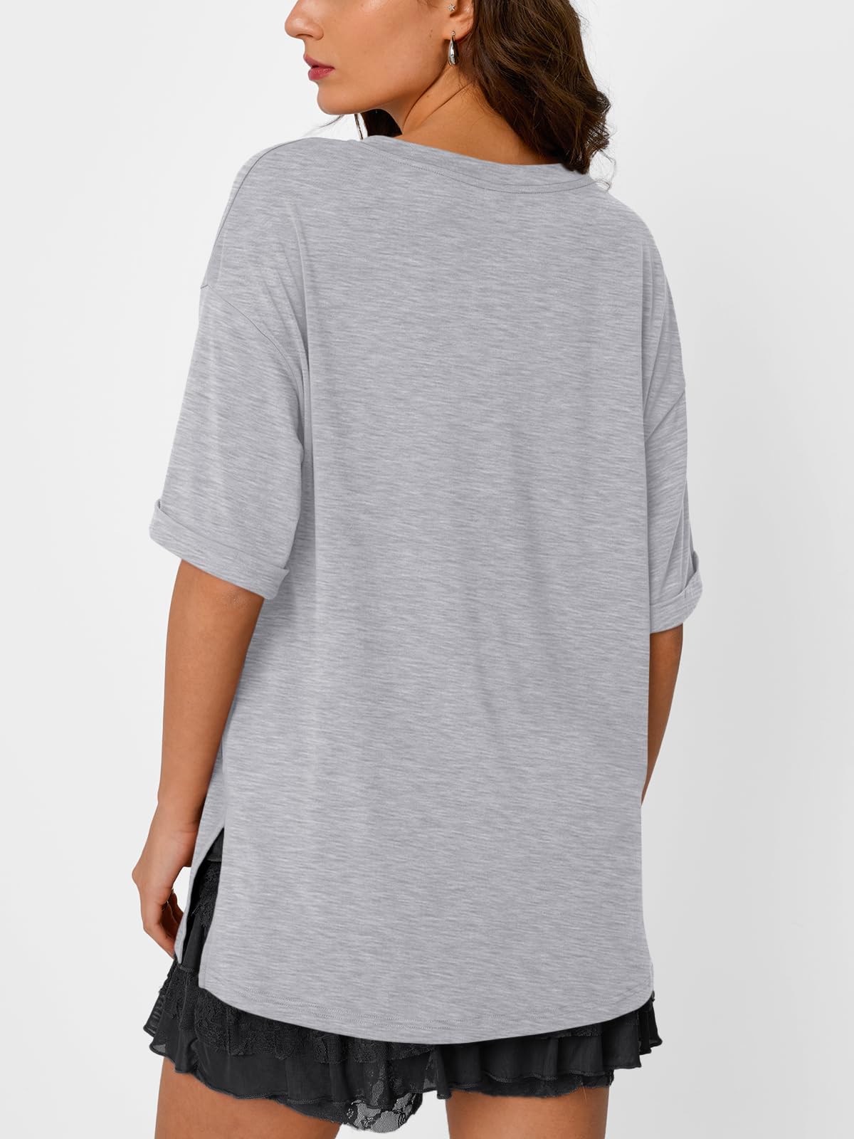 Trendy Queen Oversized Tshirts for Women Workout Plus Size Tops V Neck Short Sleeve Tunic Side Slit Outing T Shirts 2025 Spring Summer Casual Clothes Loose Fit Basic Tees Beach Vacation Grey XXL