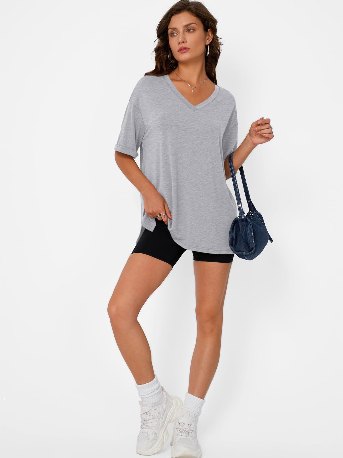 Trendy Queen Oversized Tshirts for Women Workout Plus Size Tops V Neck Short Sleeve Tunic Side Slit Outing T Shirts 2025 Spring Summer Casual Clothes Loose Fit Basic Tees Beach Vacation Grey XXL