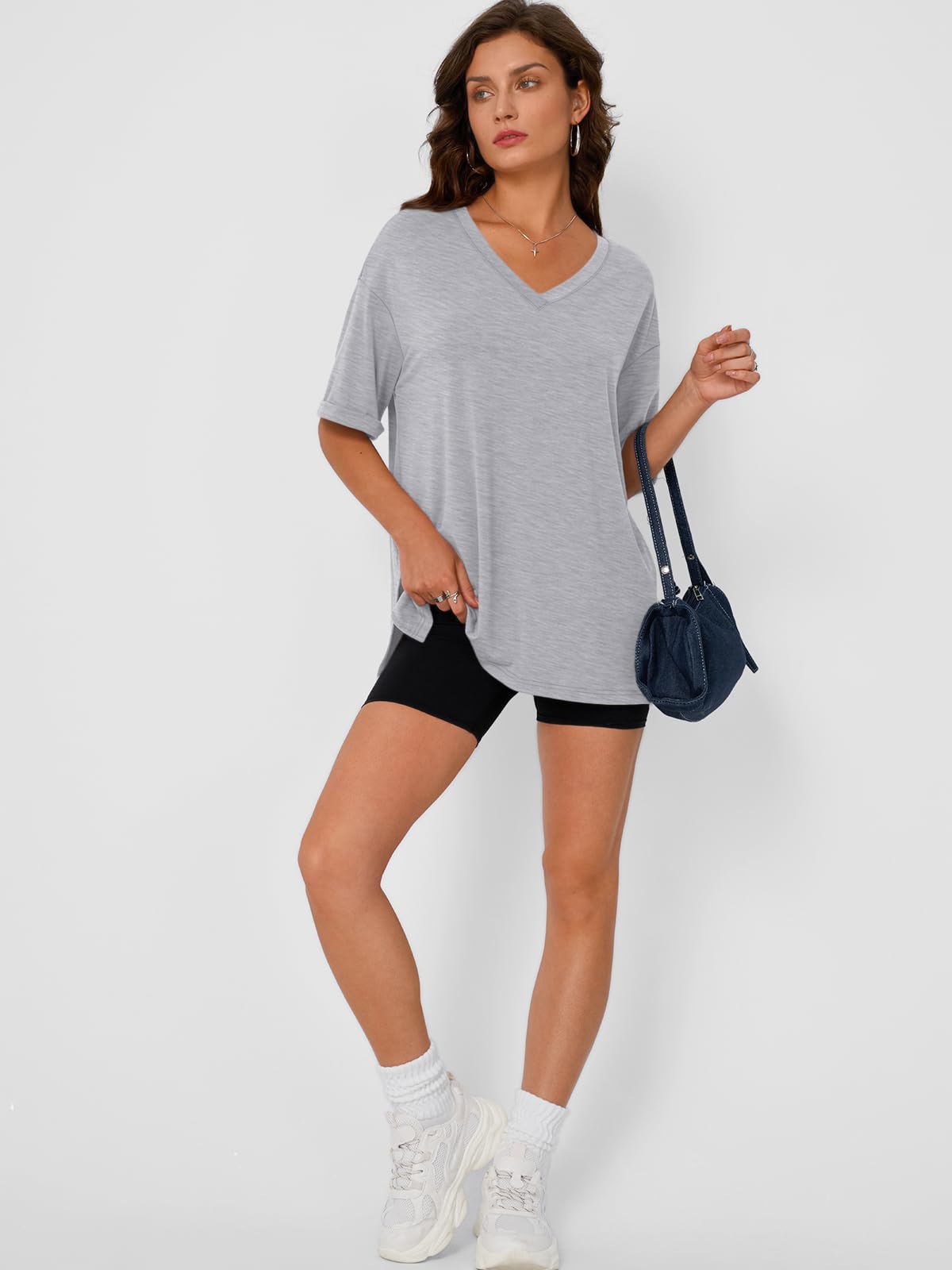 Trendy Queen Oversized Tshirts for Women Workout Plus Size Tops V Neck Short Sleeve Tunic Side Slit Outing T Shirts 2025 Spring Summer Casual Clothes Loose Fit Basic Tees Beach Vacation Grey XXL