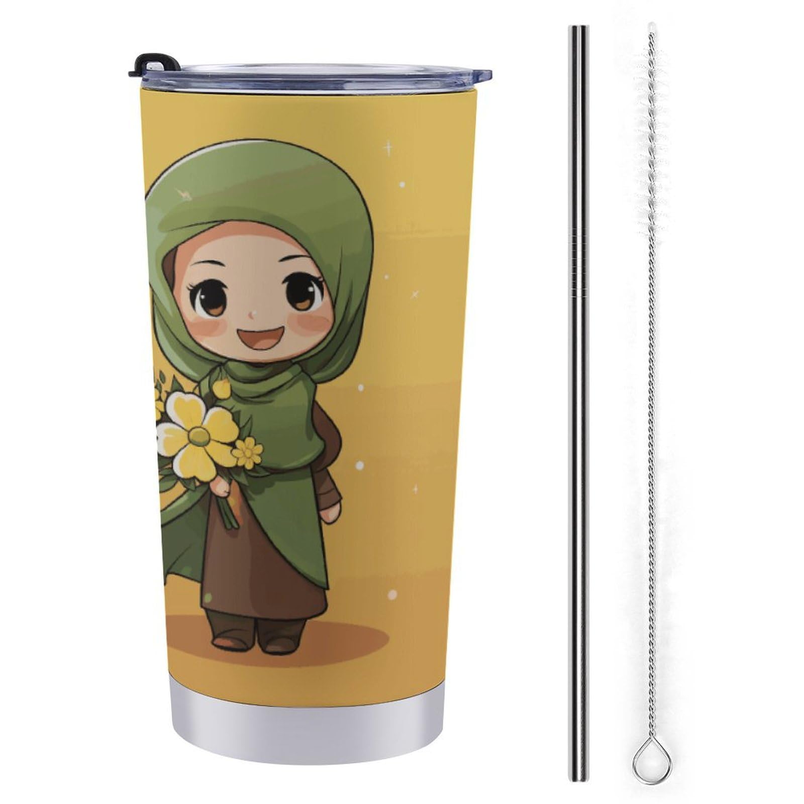 FZMTLDS Cartoon Muslim Girl Tumbler 20oz Stainless Steel Water Bottles with Handle Leak-proof Large Capacity Car Cup Travel Mug Insulated Coffee Cup Gifts for Women Men